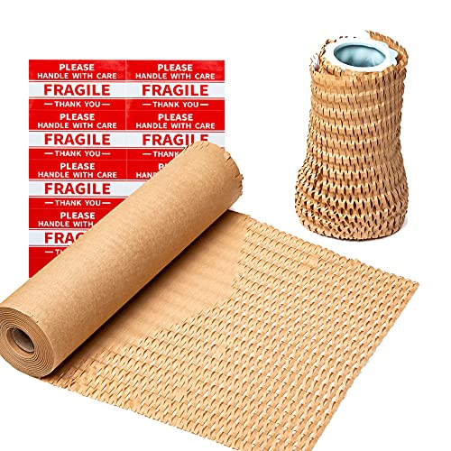 Wowxyz Honeycomb Packing Paper Wrap 12"x105' Recycled Cushion Wrapping Roll Eco Friendly Shipping Moving Green Wrap with 10 Fragile Sticker Labels - Protective Kraft Packaging Suppliers Brown