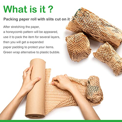 Wowxyz Honeycomb Packing Paper Wrap 12"x105' Recycled Cushion Wrapping Roll Eco Friendly Shipping Moving Green Wrap with 10 Fragile Sticker Labels - Protective Kraft Packaging Suppliers Brown