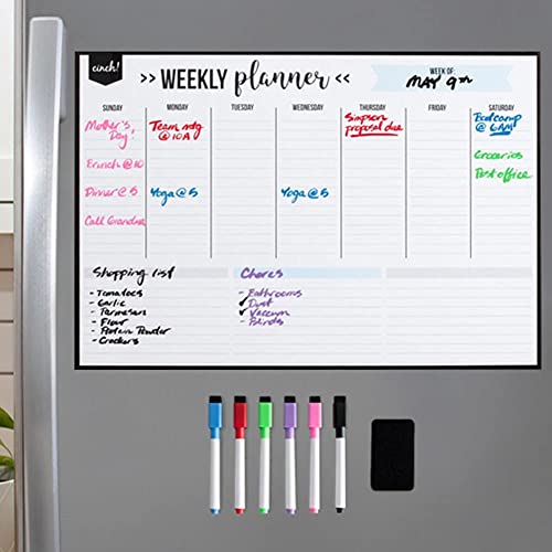 Magnetic Dry Erase Weekly Calendar for Fridge: with Stain Resistant Technology - 17x12" - 4 Fine Tip Markers and Large Eraser with Magnets - Whiteboard Organizer Planner: Refrigerator White Board