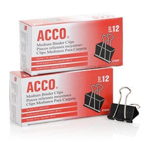 acco binder clips, medium, black, 12 per box, 2 boxes (72062)