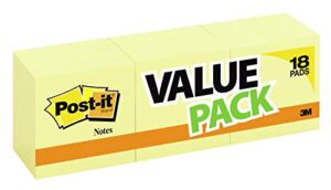 post-it notes, 3×3 in, 18 pads, america’s #1 favorite sticky notes, canary yellow, clean removal, recyclable (654-14+4yw)