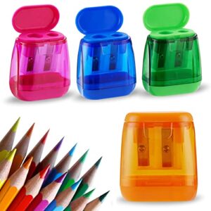 sonuimy pencil sharpeners, 4 pcs pencil sharpeners manual ,dual holes compact colored handheld pencil sharpener for kids with lid adults students school class home office (covered)