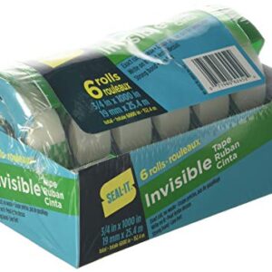 Seal-It Invisible Stationery Tape 3/4 x 1000 Inches On Press N' Cut Dispenser, Pack of 6 Total 6000 Inches, White (62452)