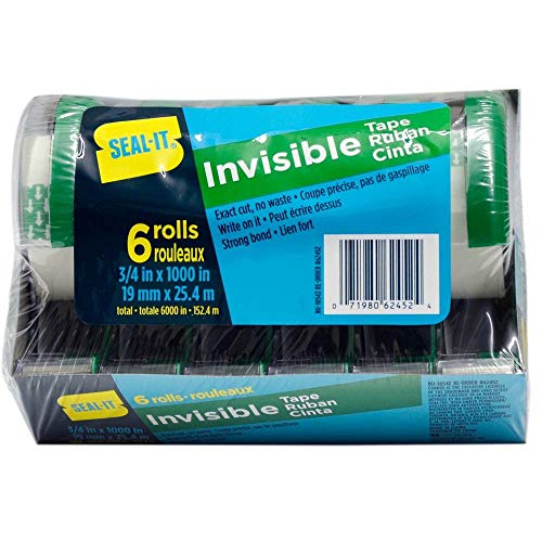 Seal-It Invisible Stationery Tape 3/4 x 1000 Inches On Press N' Cut Dispenser, Pack of 6 Total 6000 Inches, White (62452)