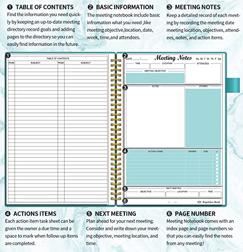 Regolden-Book Meeting Notebook for Work with Action Items, Project Planner Notebook for Note Taking, Office/ Business Meeting Notes Agenda Organizer for Men & Women, 160 Pages (7”x10”), Teal