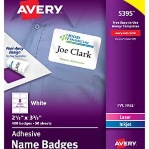 Avery Flexible Name Tag Stickers, White Rectangle Labels, 400 Removable Name Badges, 2-1/3" x 3-3/8" (5395)