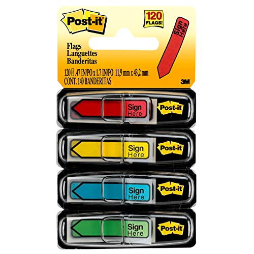 Post-it Message "Sign Here" Flags, 30/Dispenser, 4 Dispensers/Pack, .47 in Wide, Assorted Colors (684-SH)