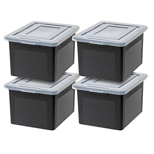 IRIS USA Letter & Legal Size Plastic Storage Bin Tote Organizing File Box with Durable and Secure Latching Lid, Stackable and Nestable, 4 Pack, Black