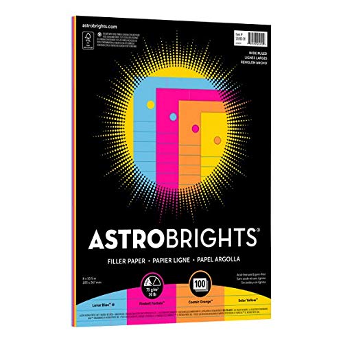 Astrobrights® Filler Paper, 8" x 10 1/2", Wide Ruled, 20 Lb, FSC® Certified, Assorted Colors, Pack of 100 Sheets