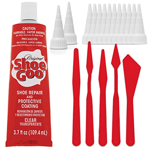 Shoe Goo Repair Adhesive for Fixing Worn Shoes or Boots, Clear, 3.7 Ounce (109.4mL), 10 Snip Tip Applicator Tips and Pixiss Spreader Tools Set.