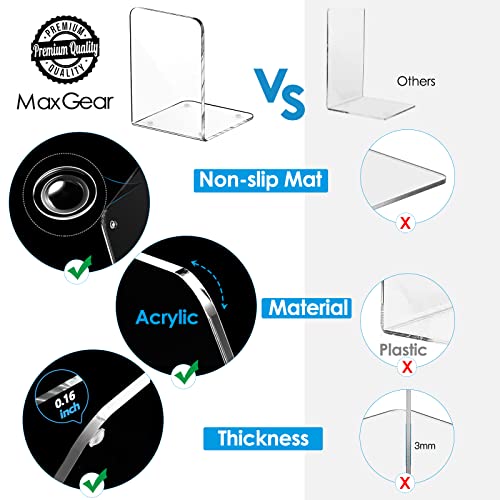 MaxGear Book Ends Clear Acrylic Bookends for Shelves, Non-Skid Bookend, Heavy Duty Book End, Book Holder Stopper for Books/Movies/CDs/Video Games (2 Pairs)