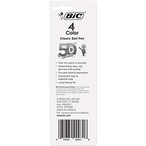 BIC Medium Point Ball Pen, 4 Colors, Assorted Ink, 1 per Pack