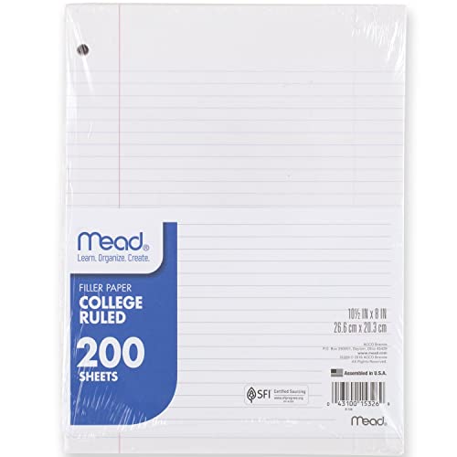 Mead Loose Leaf Paper, 3 Hole Punch Reinforced Filler Paper, College Ruled Paper, 10-1/2" x 8", 200 Sheets (15326) White