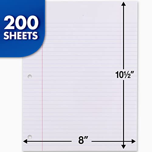 Mead Loose Leaf Paper, 3 Hole Punch Reinforced Filler Paper, College Ruled Paper, 10-1/2" x 8", 200 Sheets (15326) White