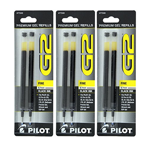 Pilot G2, Dr. Grip Gel/Ltd, ExecuGel G6, Q7 Rollerball Gel Ink Pen Refills, 0.7mm, Fine Point, Black Ink, 3 Packs of 2