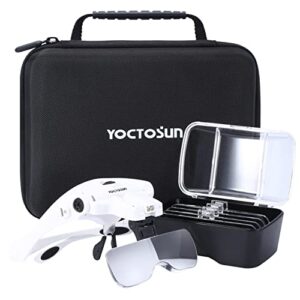 yoctosun magnifying glasses with light, head mount magnifier with 5 lenses, headband, storage case, hands free led lighted head magnifying visor for close work hobby crafts