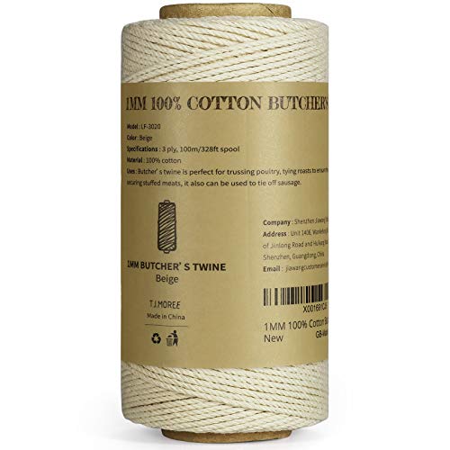 TJ.MOREE Butchers Twine, 3Ply 100m/328 1mmThick Feet Food Safe Cotton Cooking Meat Rope String Bakers Twine Fit to Parcel Sausage and Decorate Crafts (White)