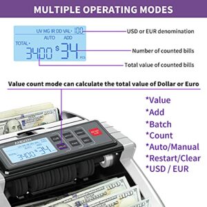 Aneken Money Counter Machine with Value Count, Dollar, Euro UV/MG/IR/DD/DBL/HLF/CHN Counterfeit Detection Bill Counter, ValuCount, Add and Batch Modes, Cash Counter with LCD Display, 2-Year Warranty