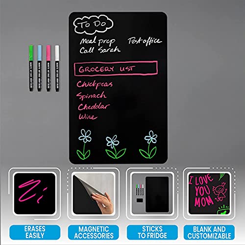 Magnetic Black Dry Erase Board for Fridge: with Bright Neon Chalk Markers - 12x8" - 4 Liquid Blackboard Markers with Magnet - Small Whiteboard Chalkboard for White Refrigerator