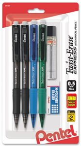 pentel twist-erase express mechanical pencil, 0.5mm, assorted barrel colors (qe415lzbp4), 4 pack