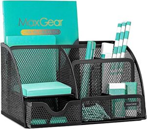 maxgear mesh desk organizer office desktop organizer with drawer, metal stationary organizer black desk caddy, 6 compartments, 8.7 x 5.5 x 5 inch, 1 pack