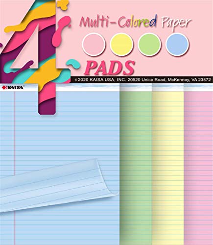 KAISA Colored Legal Pad Writing Pads , Wide Ruled 8.5"x11.75" , Thick 20lb Colored Paper 40 sheets/pad 8-1/2"x 11-3/4" Perforated Writed Pad, Sturdy Back, 4pads, KSU-5972