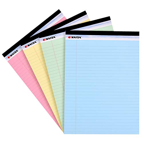 KAISA Colored Legal Pad Writing Pads , Wide Ruled 8.5"x11.75" , Thick 20lb Colored Paper 40 sheets/pad 8-1/2"x 11-3/4" Perforated Writed Pad, Sturdy Back, 4pads, KSU-5972