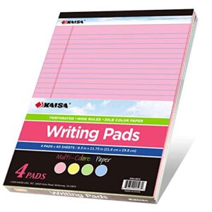 KAISA Colored Legal Pad Writing Pads , Wide Ruled 8.5"x11.75" , Thick 20lb Colored Paper 40 sheets/pad 8-1/2"x 11-3/4" Perforated Writed Pad, Sturdy Back, 4pads, KSU-5972