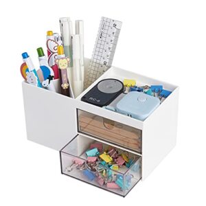 office desk organizer with drawer, office supplies and desk accessories, business card/pen/pencil/mobile phone/stationery holder storage box (white)