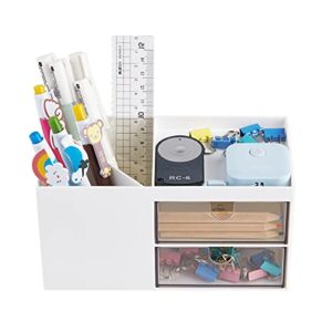 Office Desk Organizer with drawer, Office Supplies and Desk Accessories, Business Card/Pen/Pencil/Mobile Phone/Stationery Holder Storage Box (White)