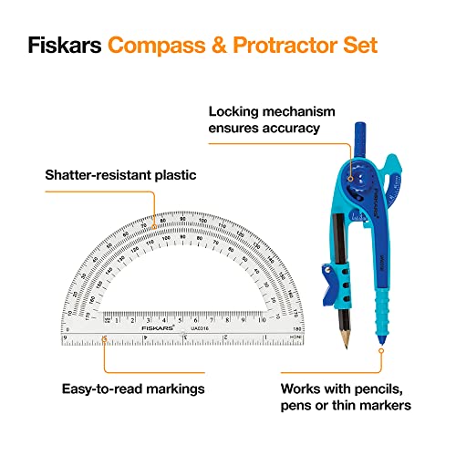 Fiskars Geometry Set, Compass and Protractor Set, Color Received May Vary