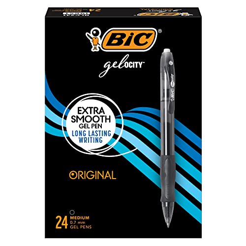 BIC Gel-ocity Original Black Gel Pens, Medium Point (0.7mm), 24-Count Pack, Retractable Gel Pens With Comfortable Grip