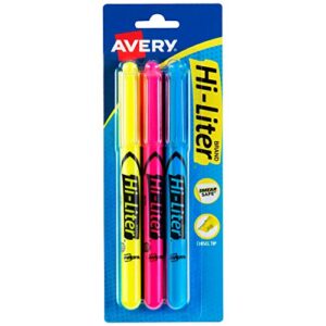 avery hi-liter pen-style highlighters, smear safe ink, chisel tip, 3 assorted color highlighters (25860)