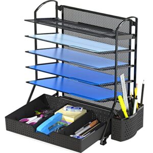 simplehouseware 6 trays desk document file tray organizer with supplies sliding drawer, black