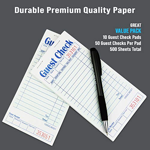 Server Note Pads [10 Books] - Guest Checks Notepad for Waiter Waitress Servers, Commercial Check Pads with Guest Receipt for Restaurants Food Order, 50 Sheets/Pad