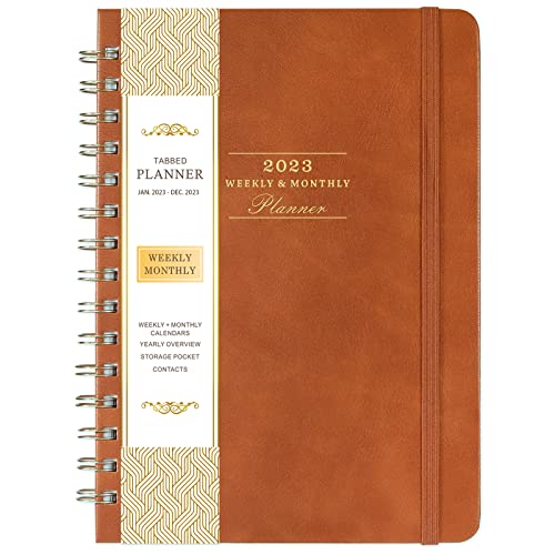 2023 Planner - Weekly & Monthly Planner 2023 from January - December 2023, 6.3" x 8.4", Monthly Tabs, Smooth Faux Leather & Flexible Hardcover with Twin-wire Binding, Brown, Perfect Life Assistant