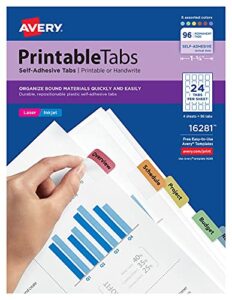 avery 16281 printable plastic tabs with repositionable adhesive, 1 1/4, assorted (pack of 96)