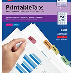 Avery 16281 Printable Plastic Tabs with Repositionable Adhesive, 1 1/4, Assorted (Pack of 96)