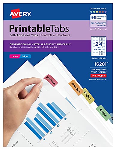 Avery 16281 Printable Plastic Tabs with Repositionable Adhesive, 1 1/4, Assorted (Pack of 96)