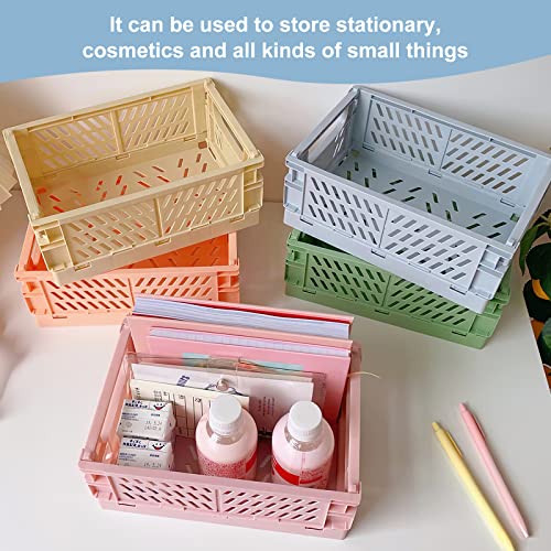 5-Pack Pastel Crates for Desk Organizers , Mini Plastic Baskets for Office Organization, Collapsible Crate Stacking Folding Storage Baskets for Home Kitchen Bedroom Bathroom Office (5.9" x 3.8"）