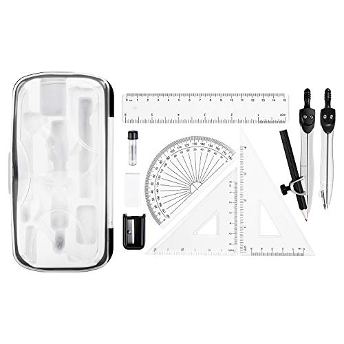 Amazon Basics 10-Piece Math Kit - Includes Compasses, Graphite, Eraser, Sharpener, Protractor, Triangles, Ruler, and Carrying Box