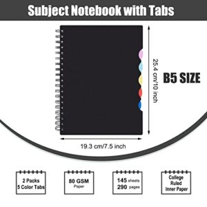 EOOUT 2 Pack Multi Subject Notebook, Spiral Notebook College Ruled with Tabs, 7.5”×10”, Lined Journals with Dividers, 290 Pages, for Gifts, School Office Supplies