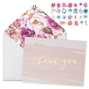 thank you cards-48 bulk blank gold foil&watercolor bulk box set with elegant floral envelopes &stickers for wedding, baby shower, bridal shower, business, anniversary, funeral -4″ x 6″