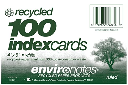 Roaring Spring Recycled Index Cards 4"x6", 100 Count, Smooth 100# White Recycled Index Paper, Ruled on Front, Blank on Back