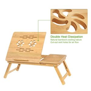 SONGMICS Bamboo Laptop Desk Serving Bed Tray Breakfast Table Tilting Top with Drawer