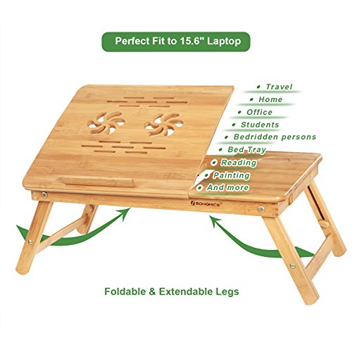 SONGMICS Bamboo Laptop Desk Serving Bed Tray Breakfast Table Tilting Top with Drawer