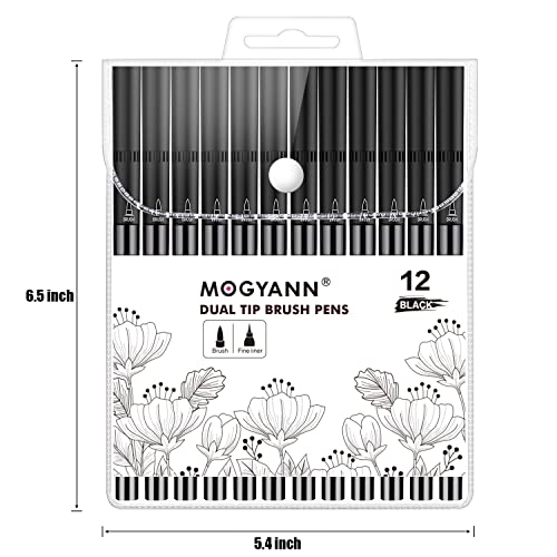 Mogyann Drawing Pens, 12 Pack Dual Brush Pens Black Markers for Art Drawing Sketching