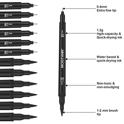 Mogyann Drawing Pens, 12 Pack Dual Brush Pens Black Markers for Art Drawing Sketching