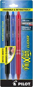 pilot frixion clicker erasable gel pen, assorted ink, 3 per pack (31467), black/blue/red