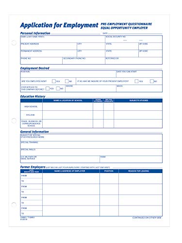 Adams Applications for Employment, 8.5 x 11 Inch, 3-Hole Punched, 50-Sheets/Pack, 2-Pack, White (9661)